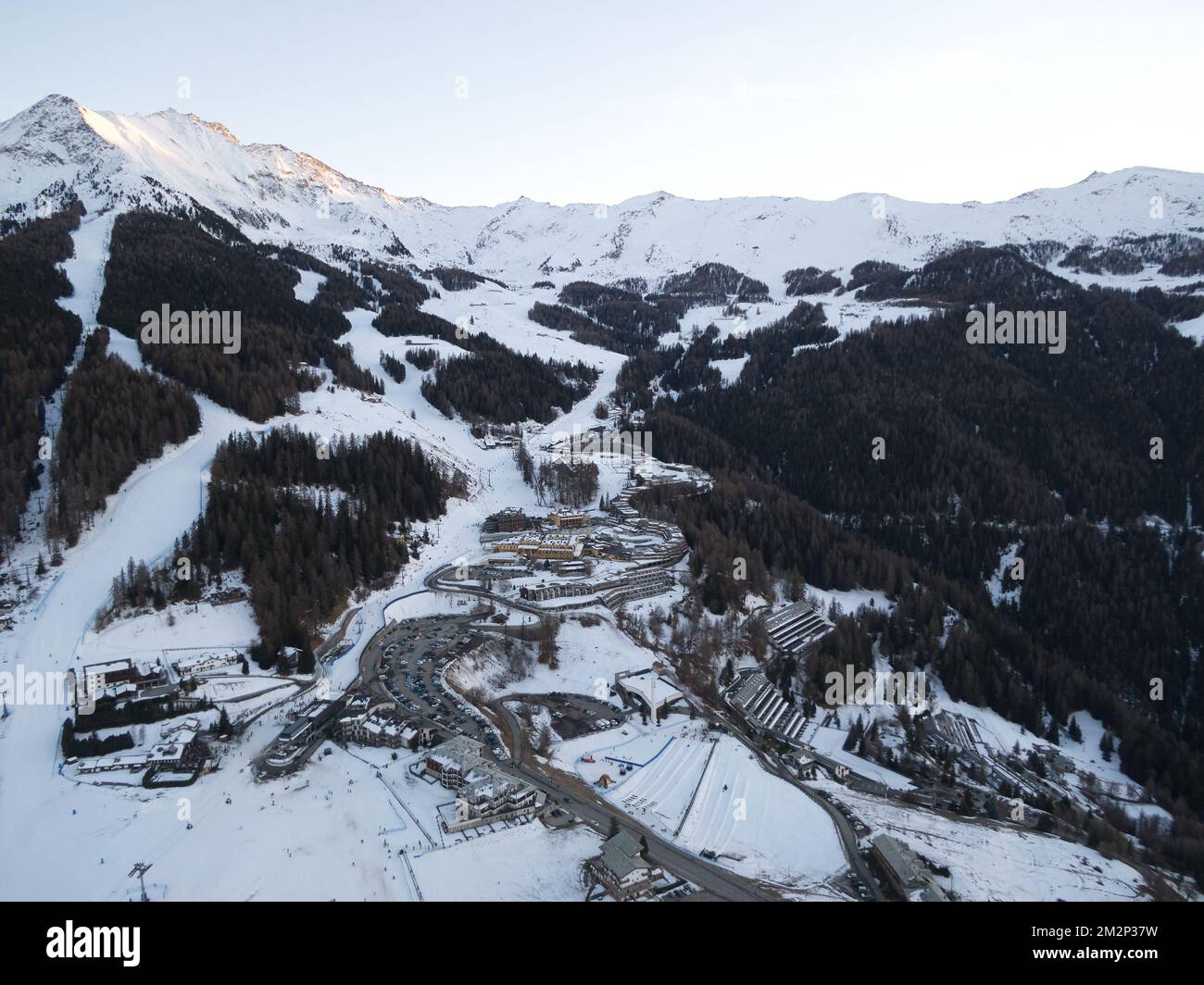 A landscape of the town of Pila in Aosta Valley. Skiing and ...
