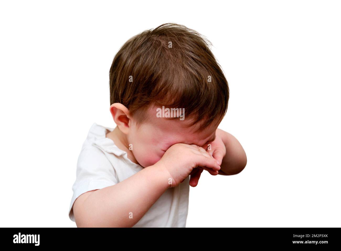 Toddler baby crying, tearful child face close-up, isolated on a white ...