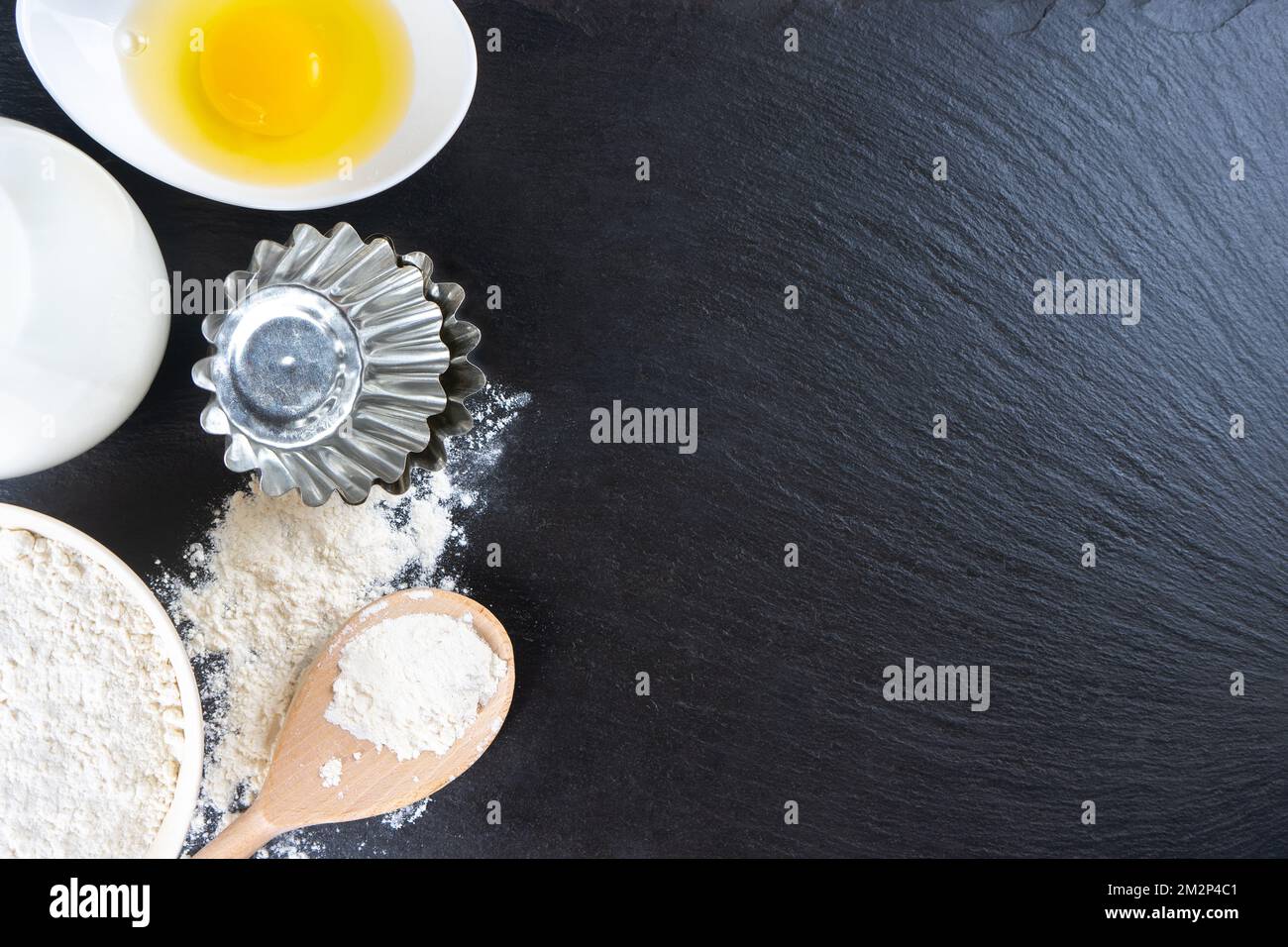 Baking cooking Ingredients background with copy space. Flour, eggs ...