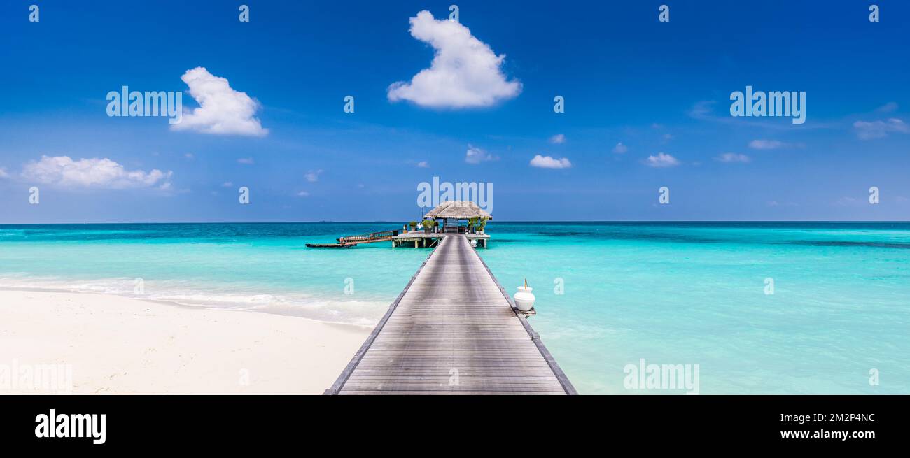 Overwater bungalow in the Indian Ocean, shore coast landscape. Tropical ...
