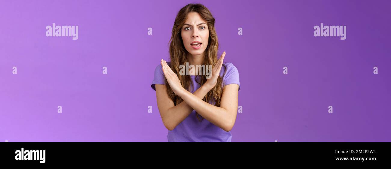 Quit fooling around. Serious-looking woman bad mood bossy angry make ...