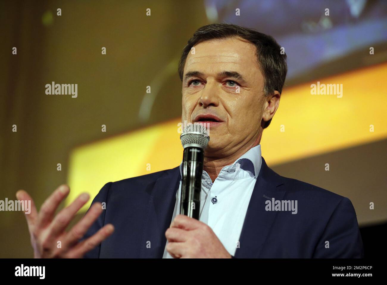 cdH's Benoit Lutgen delivers a speech at pictured after the election ...