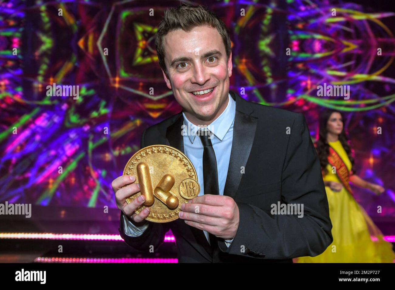 actor and singer Niels Destadsbader poses with his Golden K award at ...