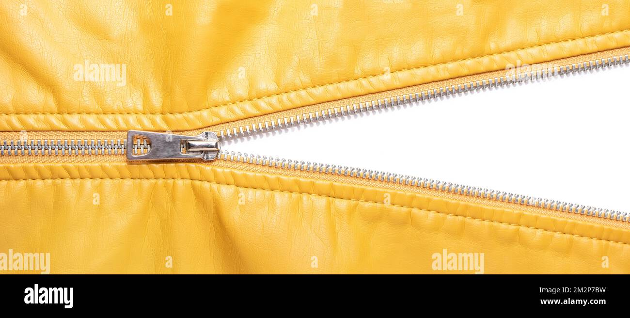 Yellow leather texture and open metal zipper isolated on white ...