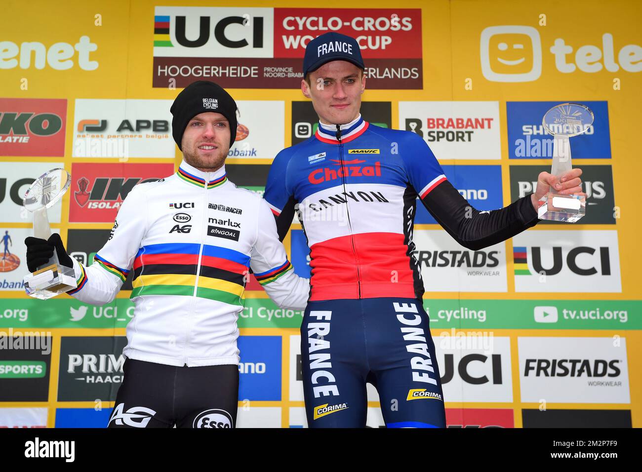 Belgian Eli Iserbyt and French Antoine Benoist pictured on the podium ...