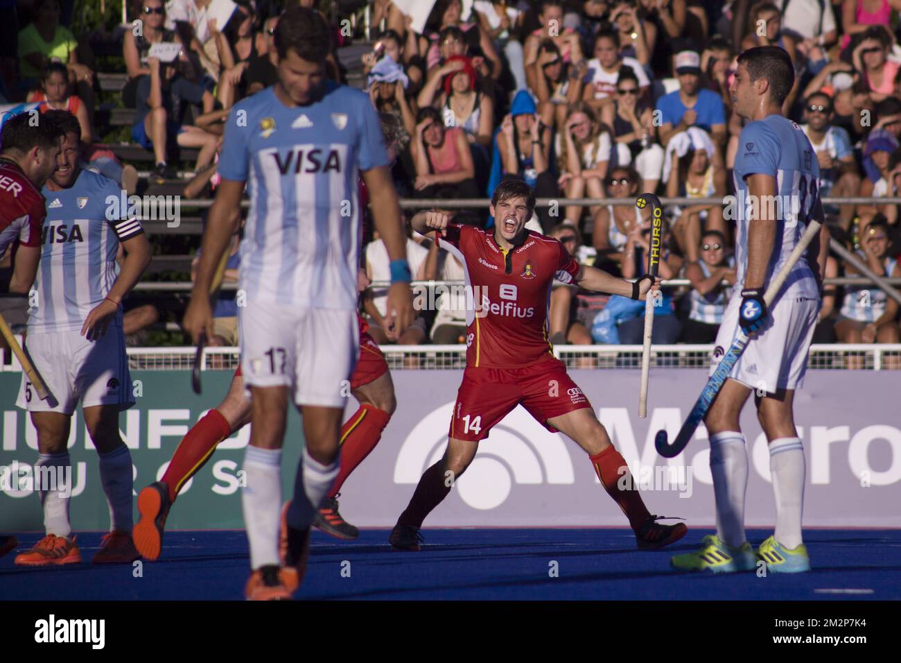 Belgium's Augustin Meurmans celebrates during a Pro League hockey game ...