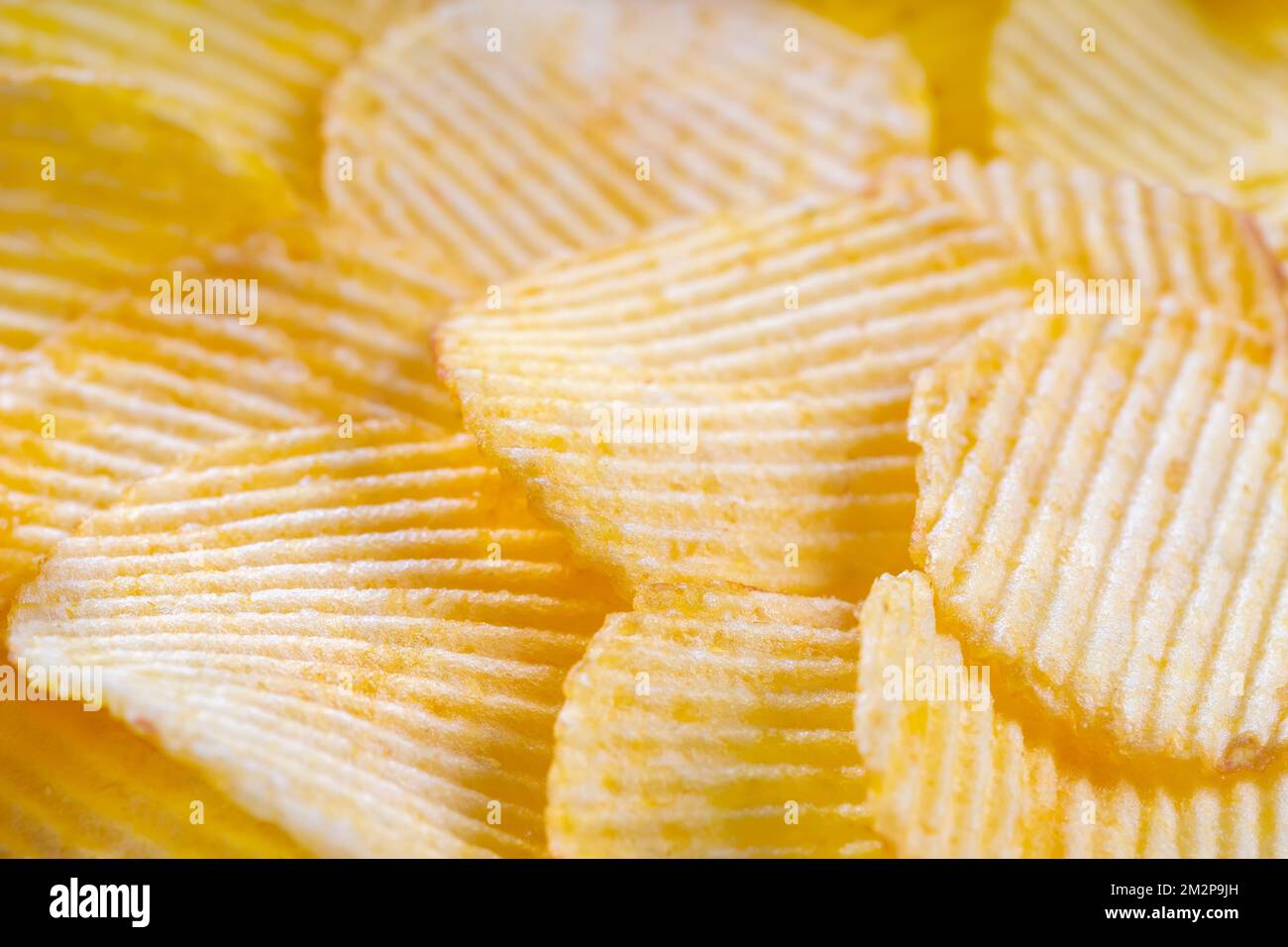 Yellow crispy ridged potato chips close up. Food background, banner ...