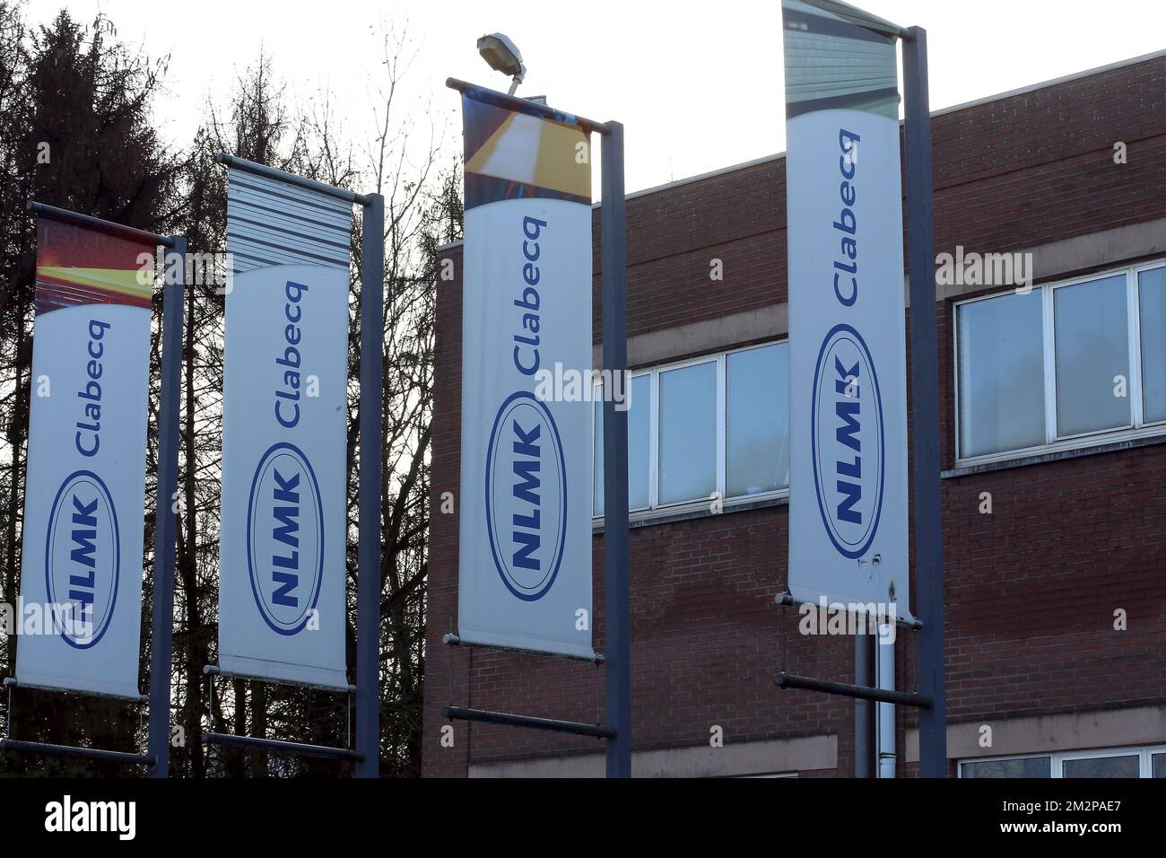 Illustration picture shows the NLMK logo on flags, in front of the ...