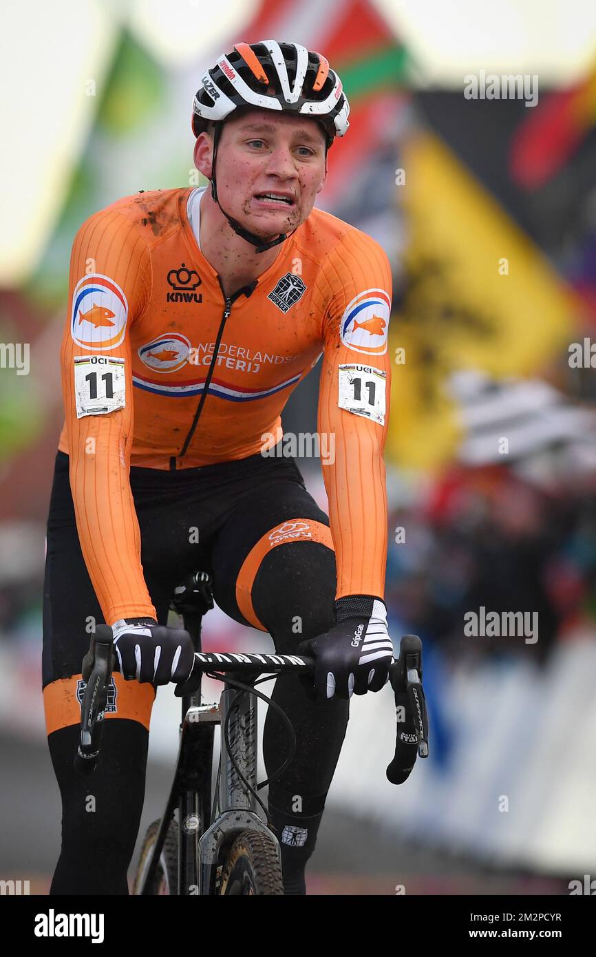 Dutch Mathieu Van Der Poel celebrates as he crosses the finish line to ...