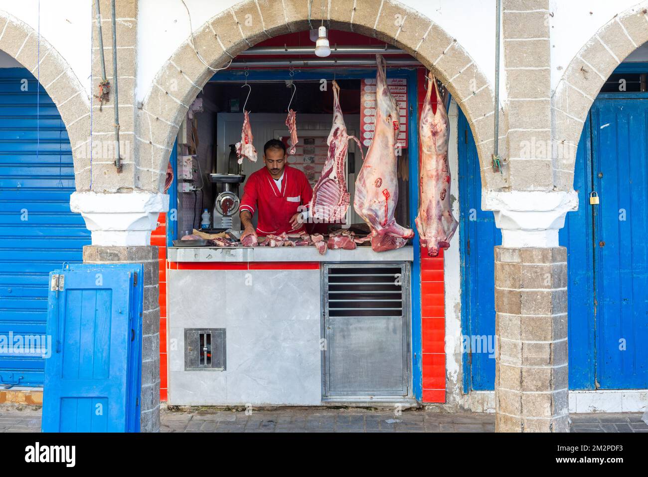 Meat hanging on hook at butcher shop in medina area of Essaouira ...