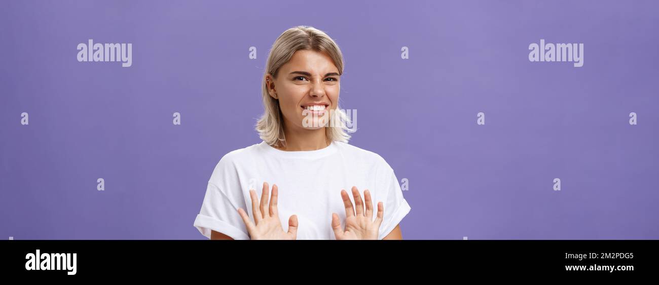 Nah no thanks. Unimpressed cute stylish woman unwilling accept offer ...