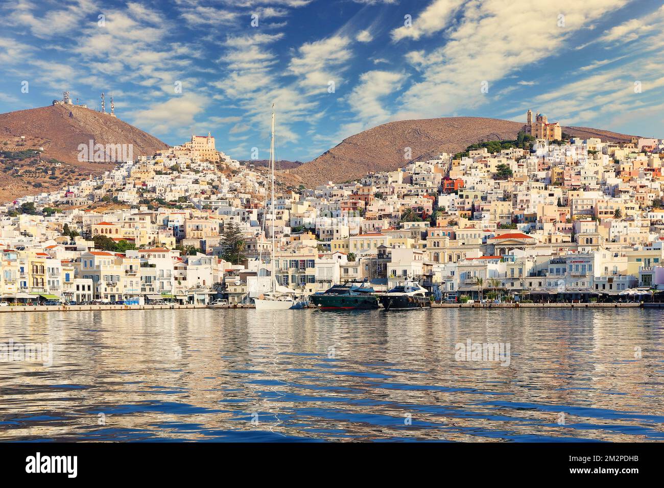 Boats at the port of Hermoupolis in Syros island, Greece Stock Photo ...