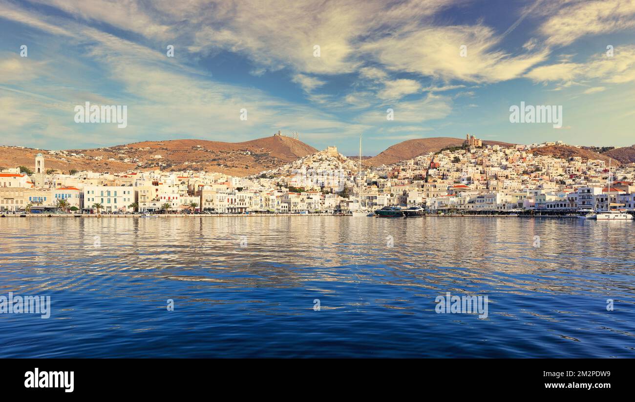Boats at the port of Hermoupolis in Syros island, Greece Stock Photo ...