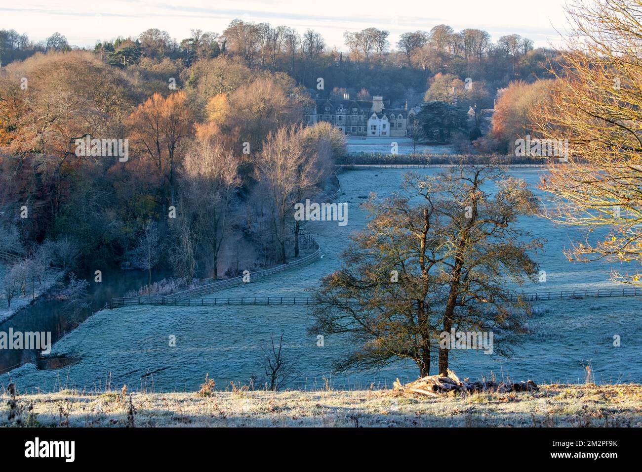 View looking over the cotswold village of Bibury in the winter frost ...