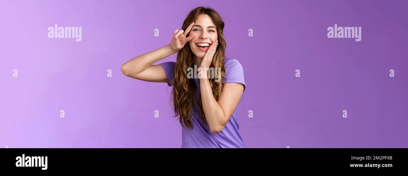 Adorable lovely funny cute woman curly brown hairstyle tilt head touch ...