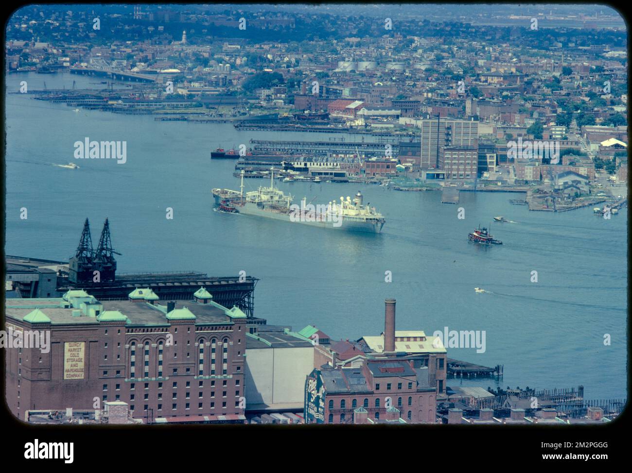 Elevated view of wharfs along Boston Harbor , Ships, Piers & wharves ...