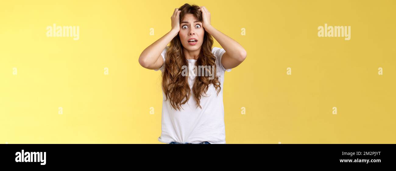 Troubled concerned anxious panicking woman female employee lose control ...