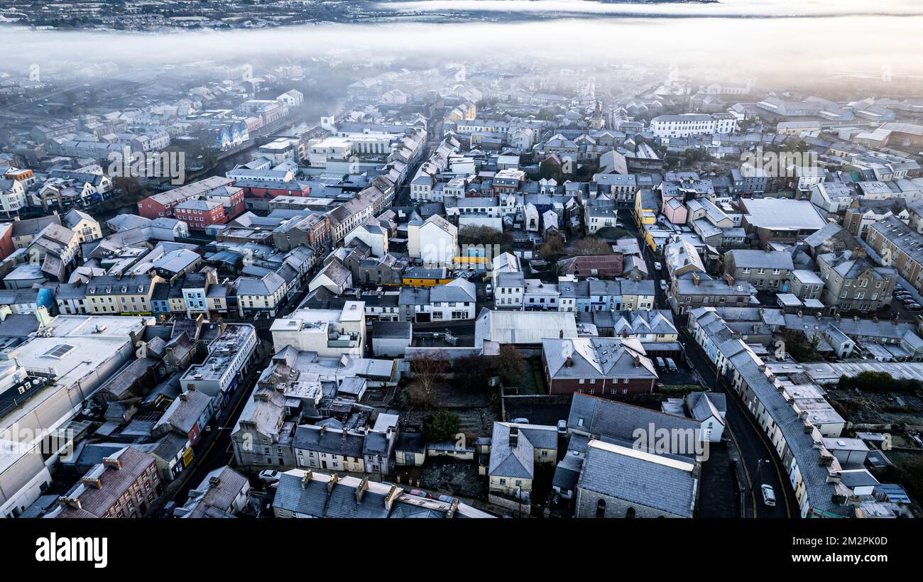 An aerial view of the freezing fog over the city on the sunrise Stock ...
