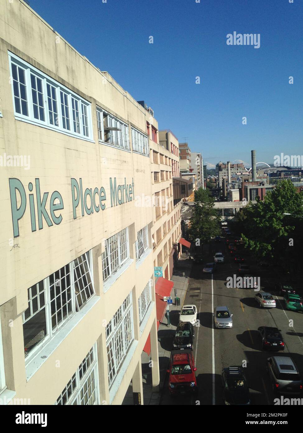 A vertical shot of the exterior of Pike Place Market in Seattle Stock ...