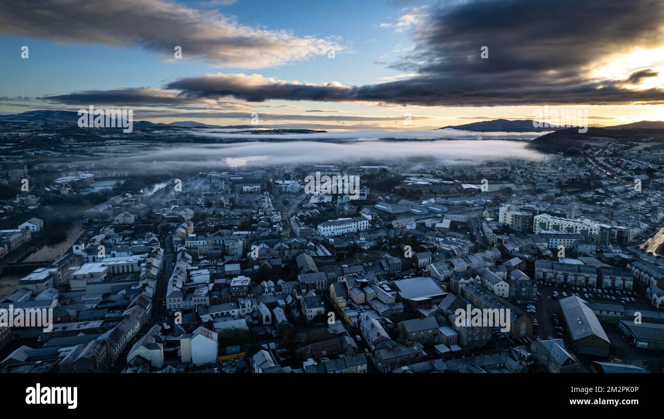 An aerial view of the freezing fog over the city on the sunrise Stock ...