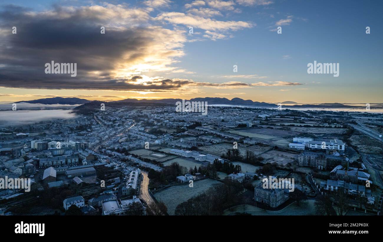 An aerial view of the freezing fog over the city on the sunrise Stock ...