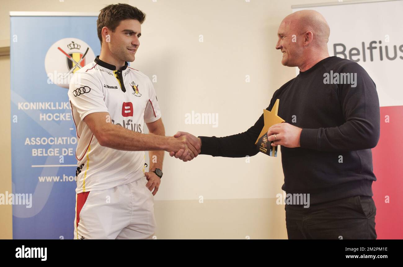 Belgium's Arthur De Sloover pictured receiving the FIH "Rising star of ...