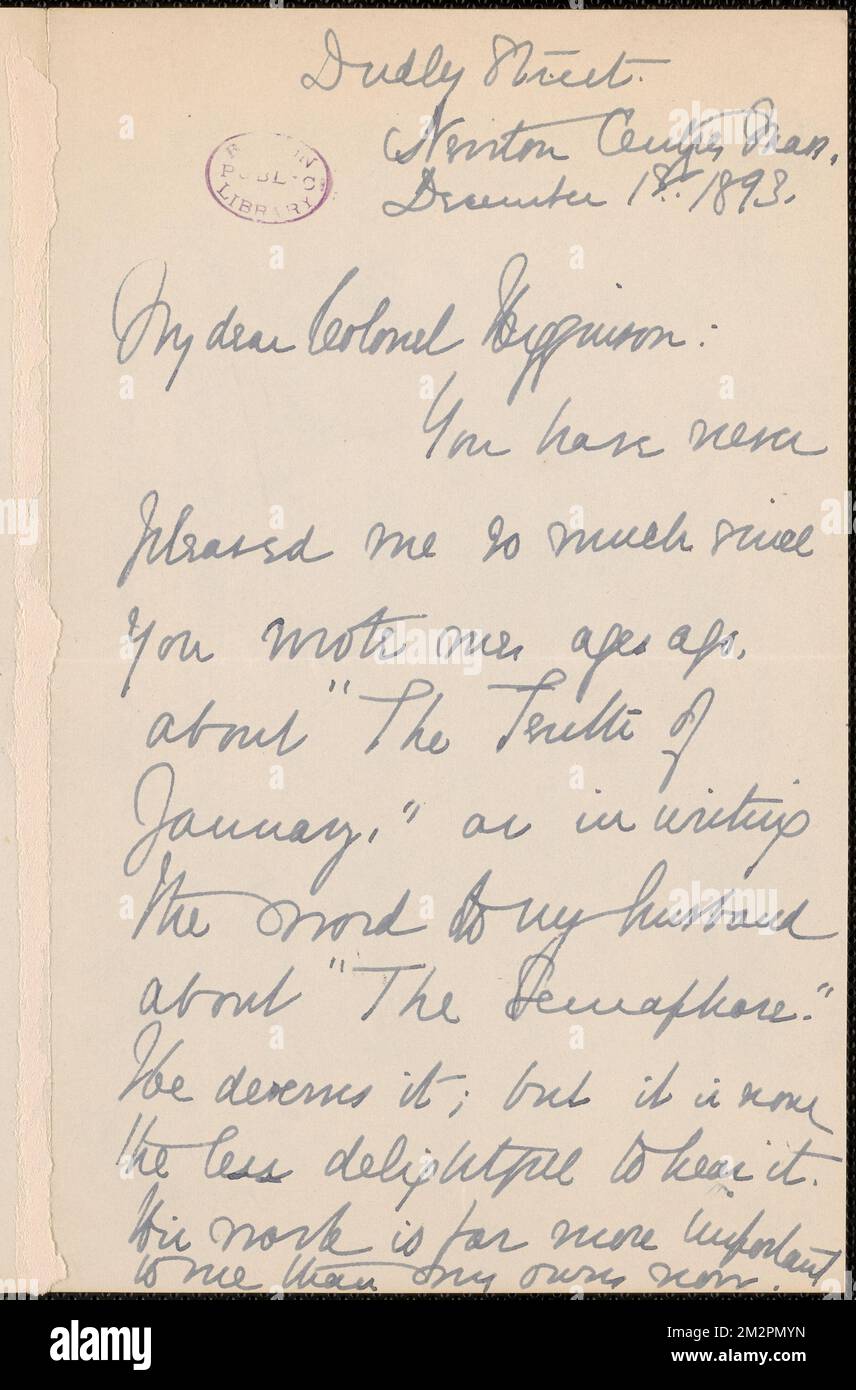 Elizabeth Stuart Phelps Ward autograph letter signed to Thomas ...