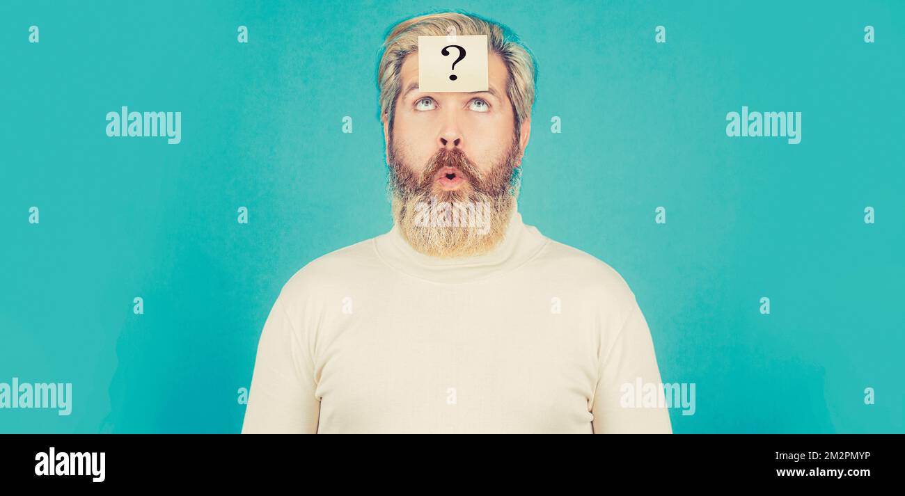 Paper notes with question marks. Beard man question mark in head ...