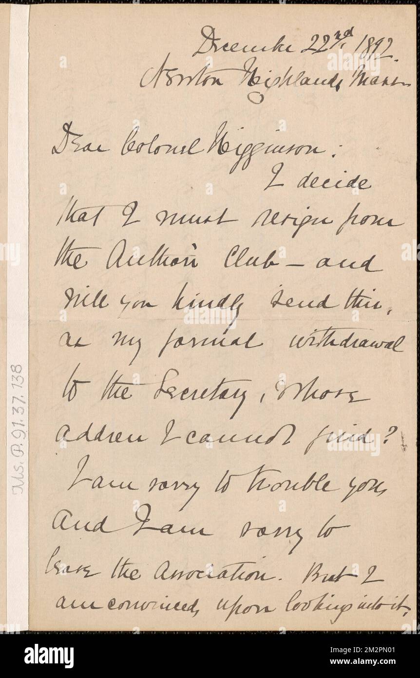Elizabeth Stuart Phelps Ward autograph letter signed to Thomas ...