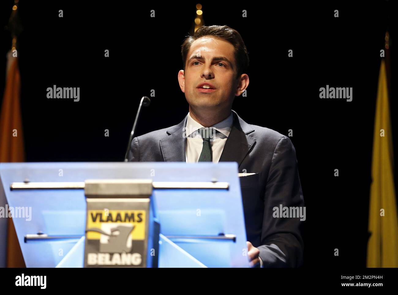 Vlaams Belang chairman Tom Van Grieken delivers a speech at a party ...
