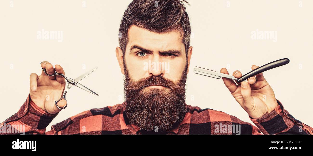 Barber scissors and straight razor, barber shop. Mens haircut, shaving ...