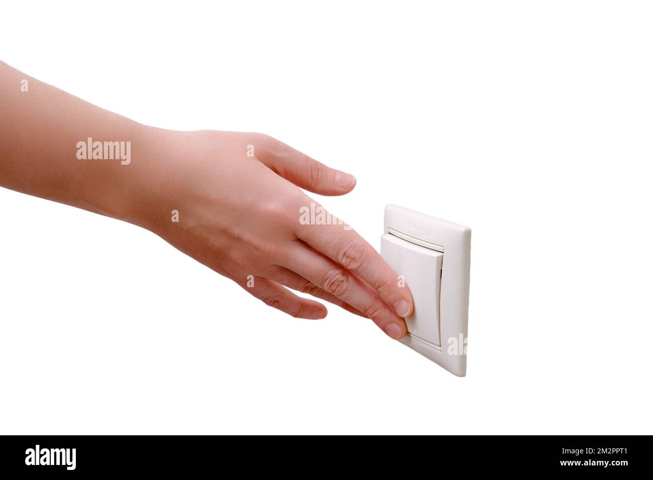 Woman reaches for the light switch, hand turns on the lamp close-up ...