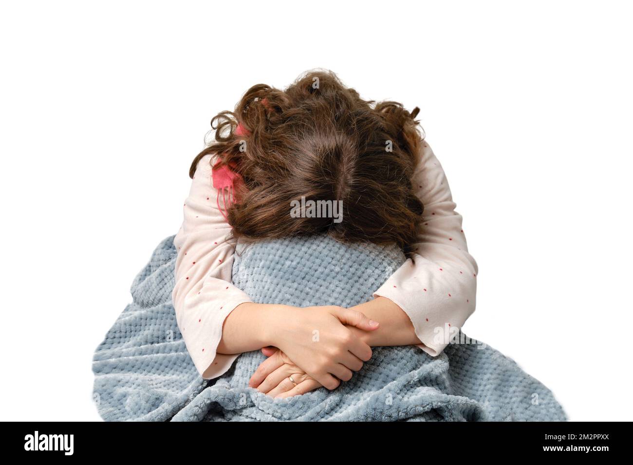 Sick woman bowed head on her knees, stress and depression, isolated on ...