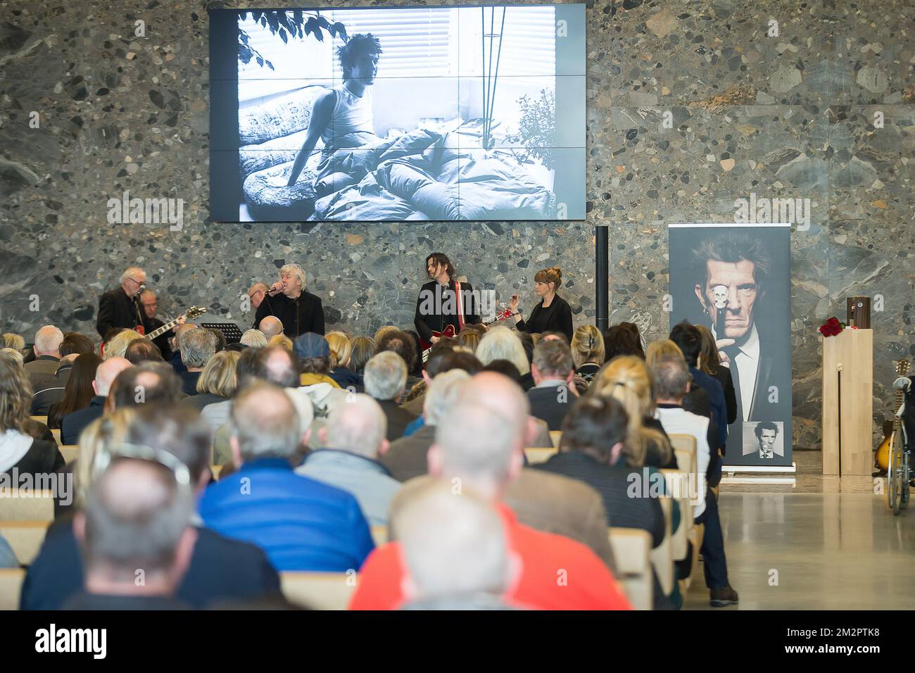 Patrick Riguelle, Jan Hautekiet and singer Arno Hintjens perform during ...