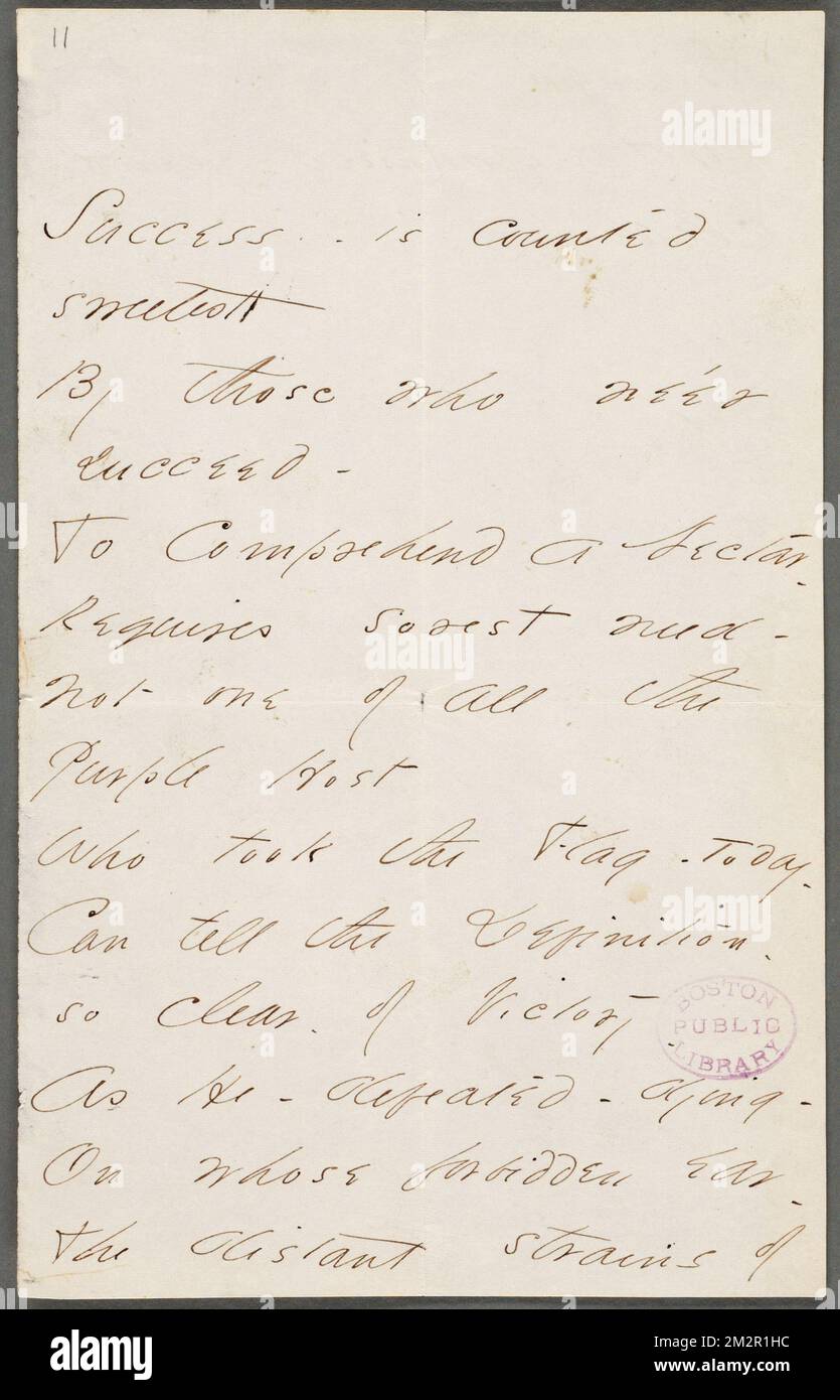 Emily Dickinson, Amherst, Mass., autograph manuscript poem: Success is ...