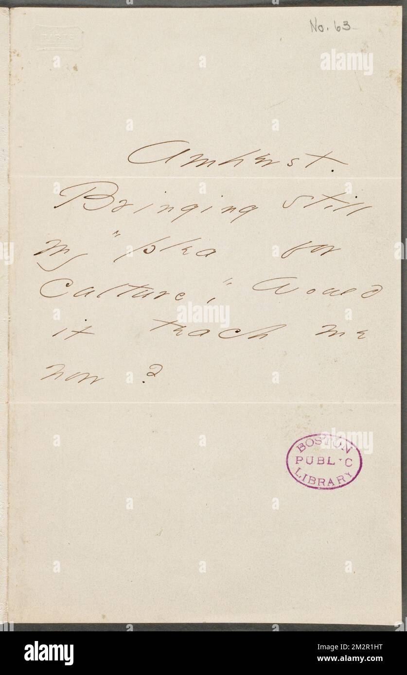 Emily Dickinson, Amherst, Mass., autograph note to Thomas Wentworth ...