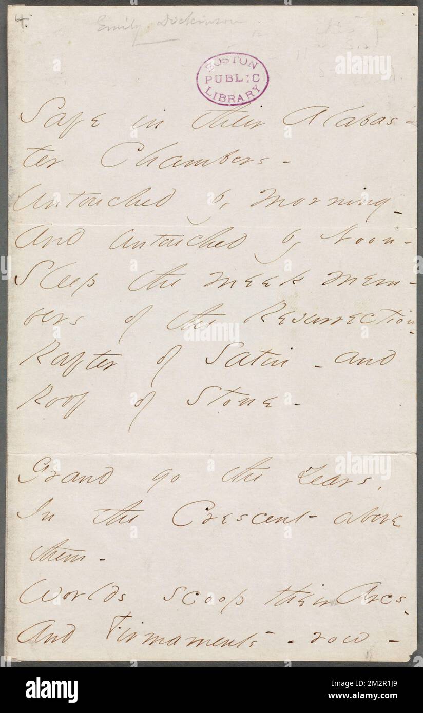 Emily Dickinson, Amherst, Mass., autograph manuscript poem: Safe in ...