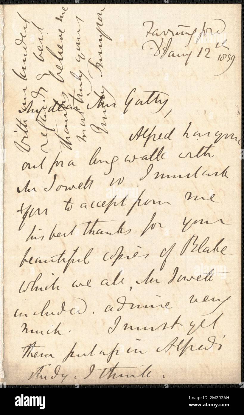Emily Tennyson autograph letter signed to Mrs. Gatty, Farringford ...