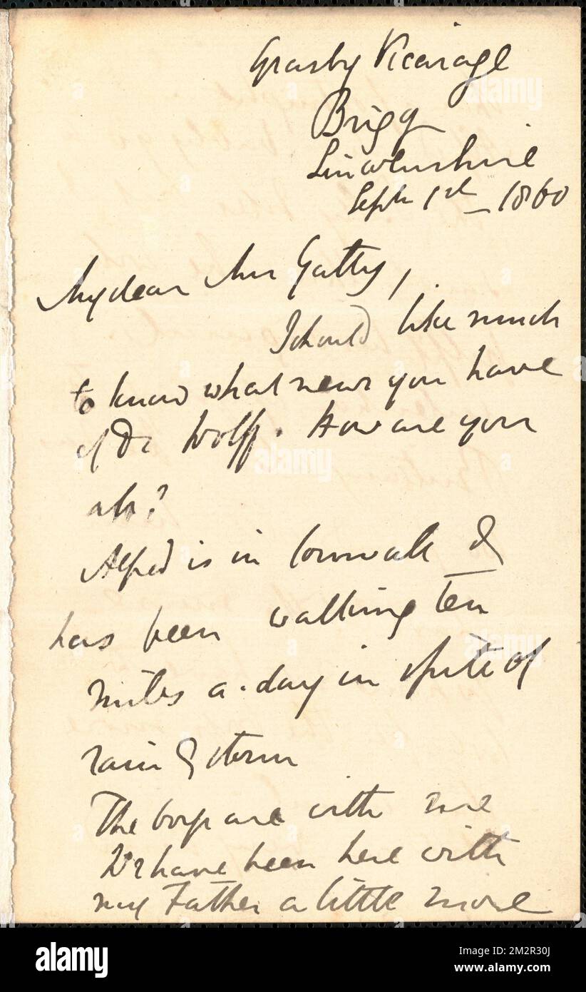 Emily Tennyson autograph letter signed to Mrs. Gatty, Grasby Vicarage ...