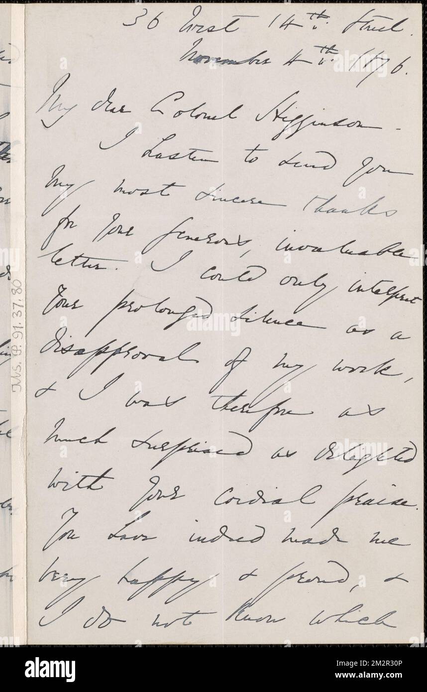 Emma Lazarus autograph letter signed to Thomas Wentworth Higginson, New ...
