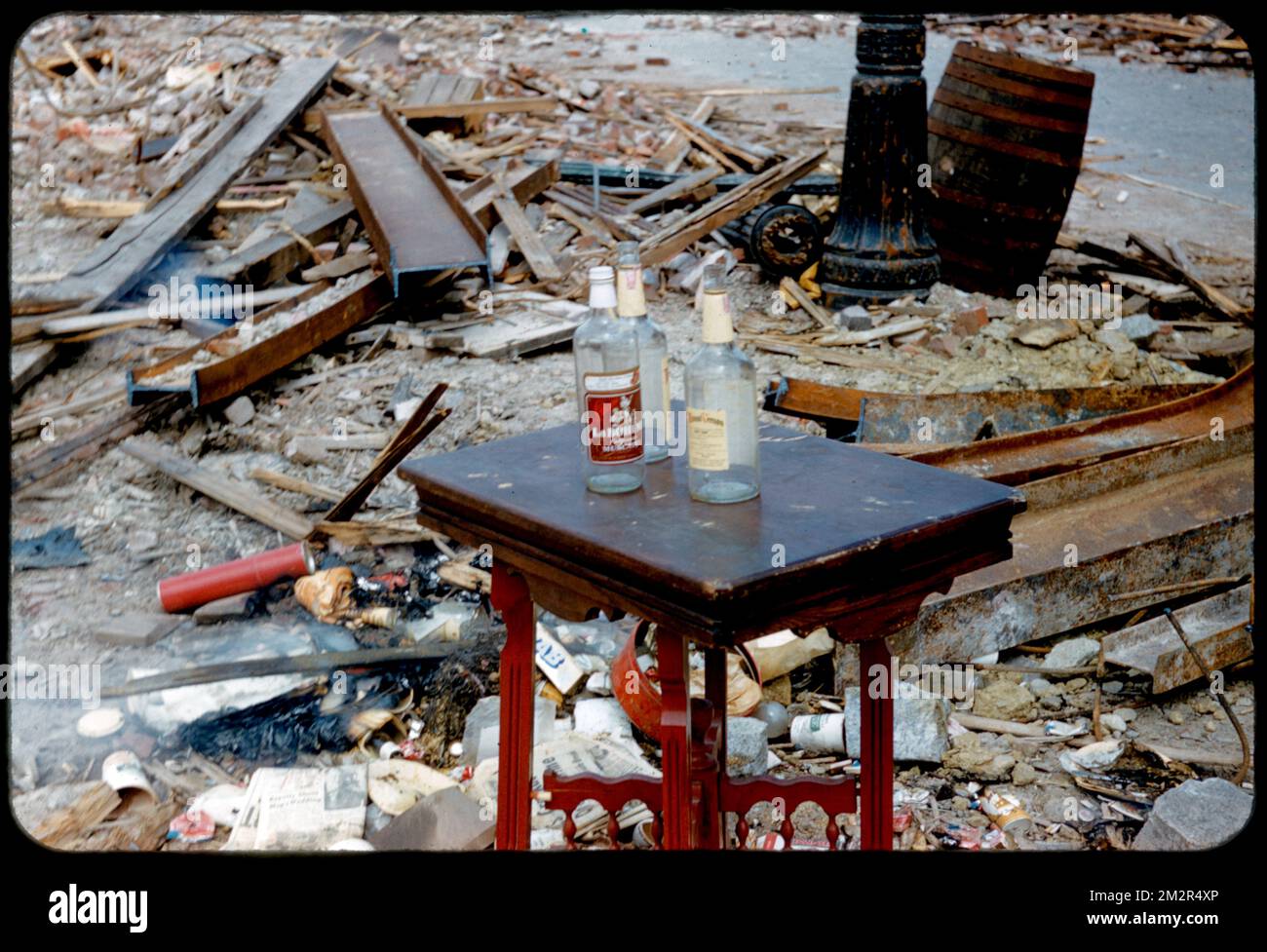 Empty bottles on table in debris, West End, Boston , Ruins, Urban ...