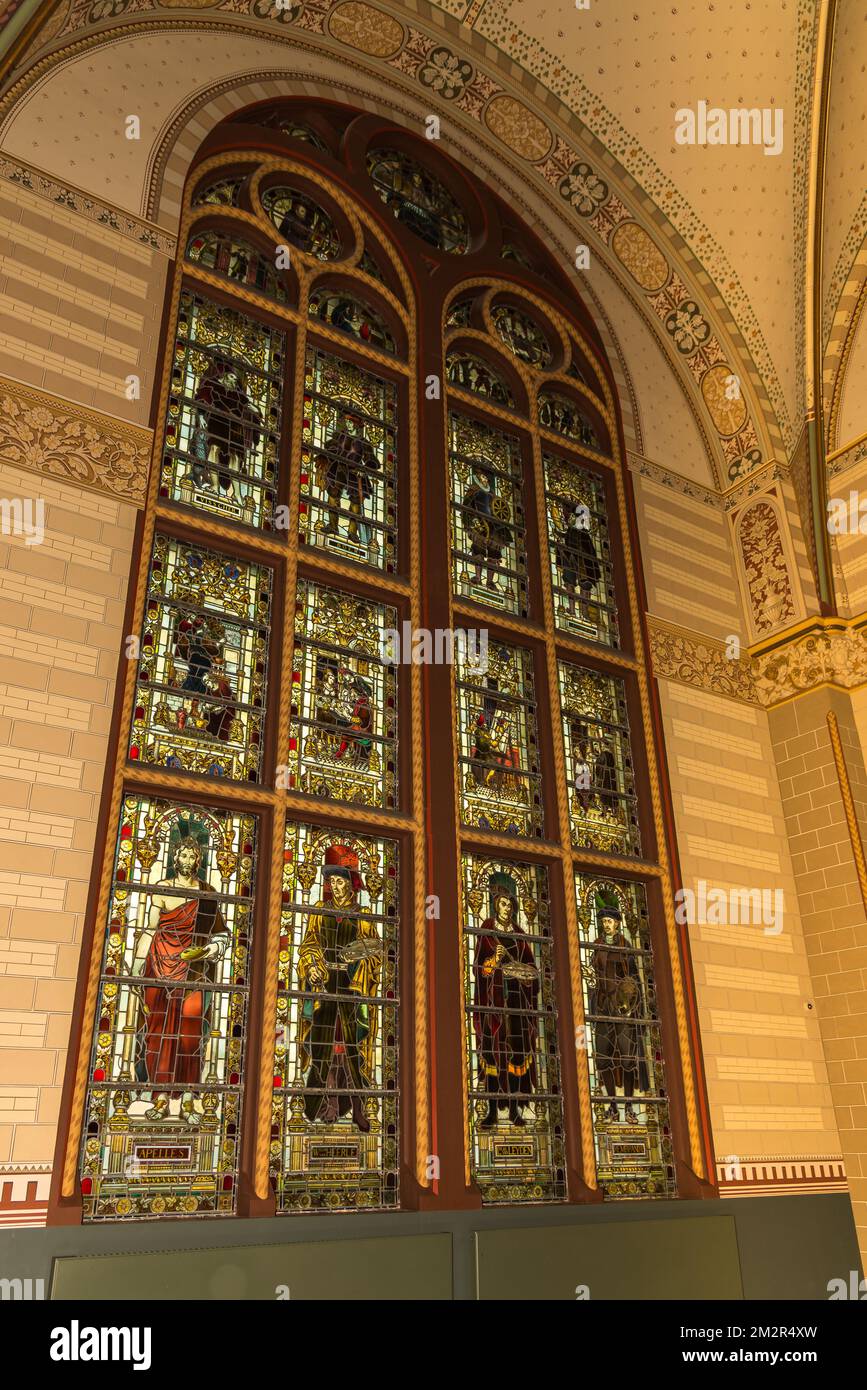 Amsterdam, Netherlands. December 2022. Stained-glass windows at the ...