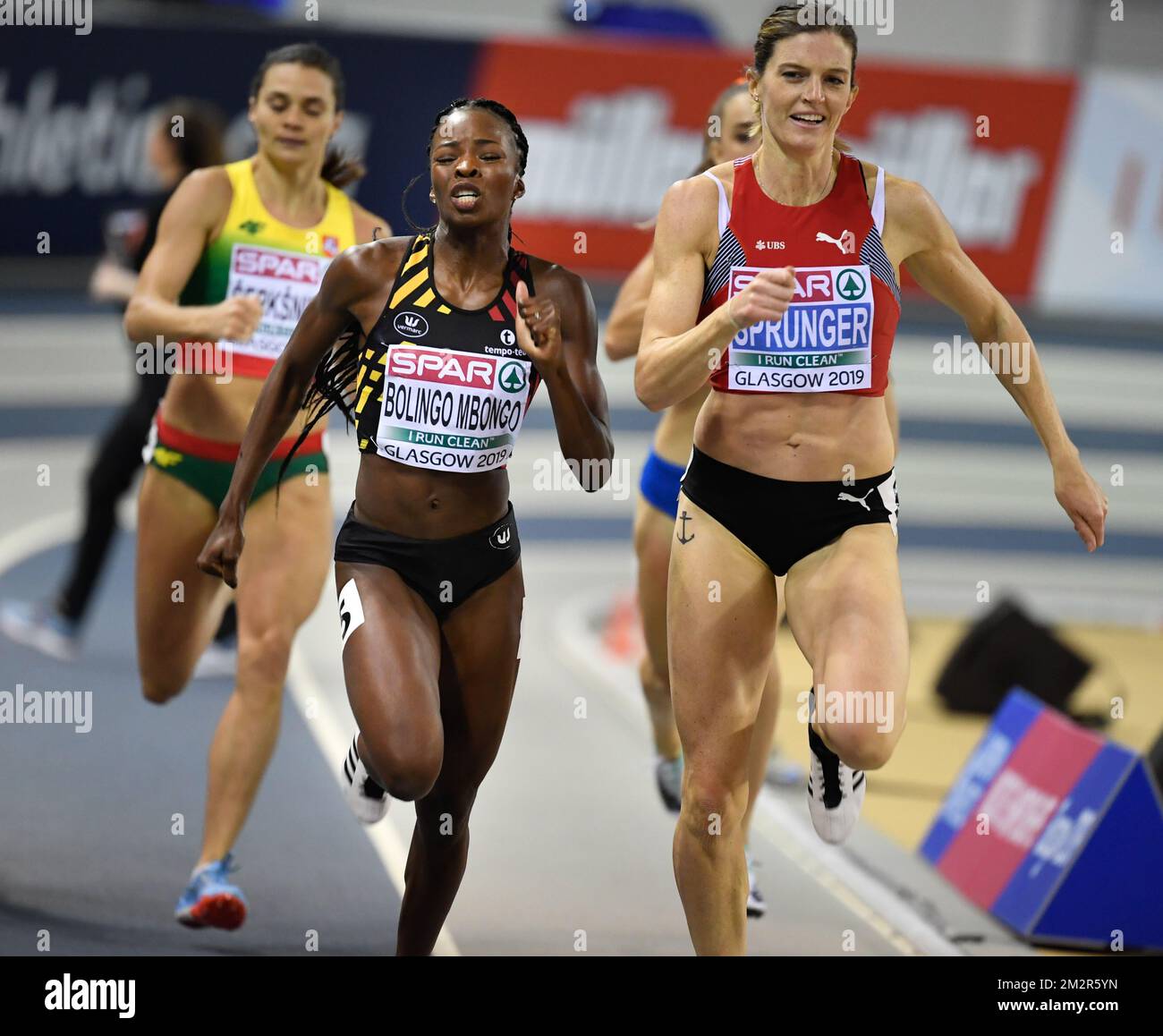 Belgian Cynthia Bolingo Mbongo and Swiss Lea Sprunger sprint for the finish of the finals of the ...