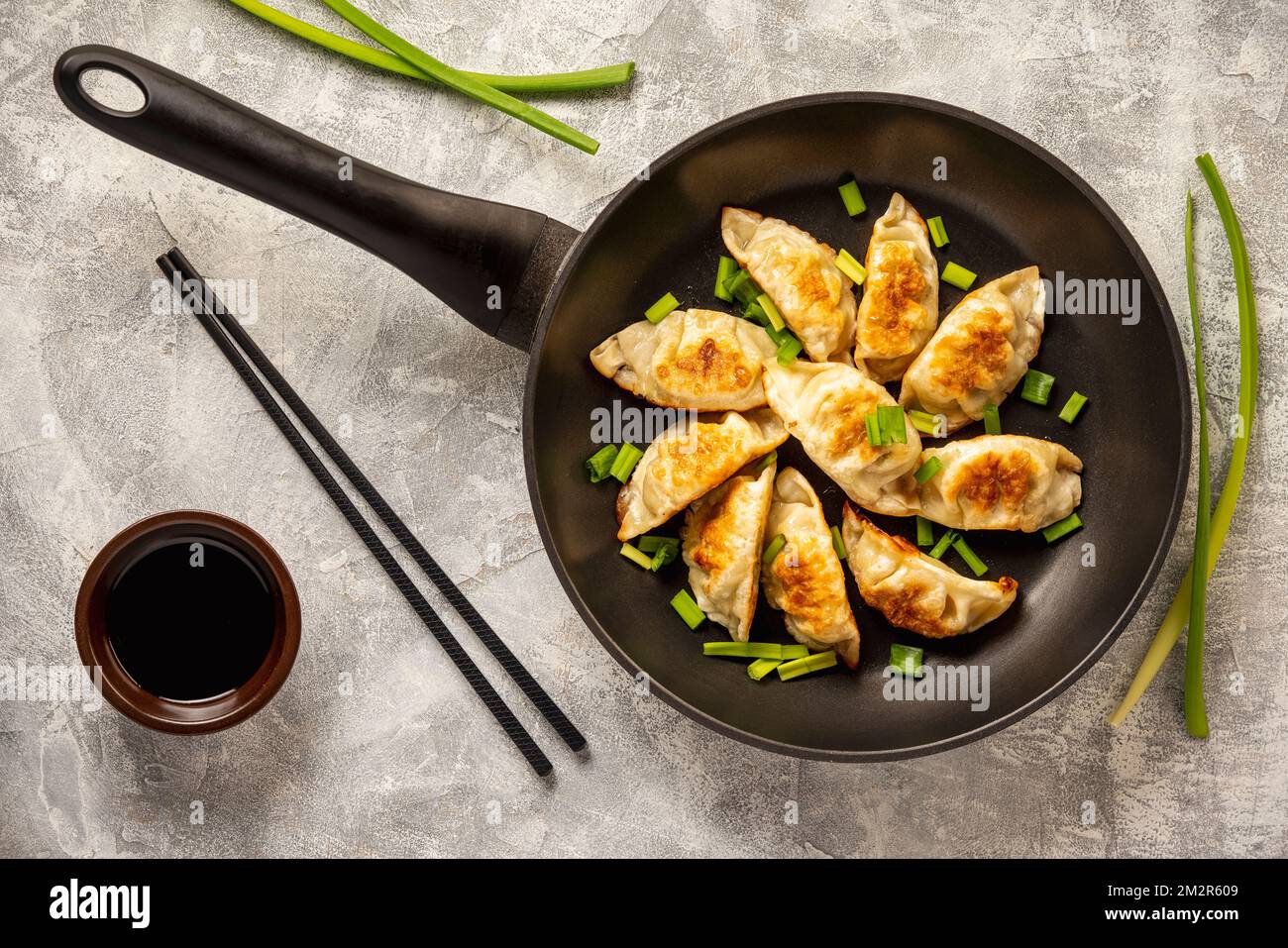 Gyoza, japanese pan-fried dumplings, on light background Stock Photo ...