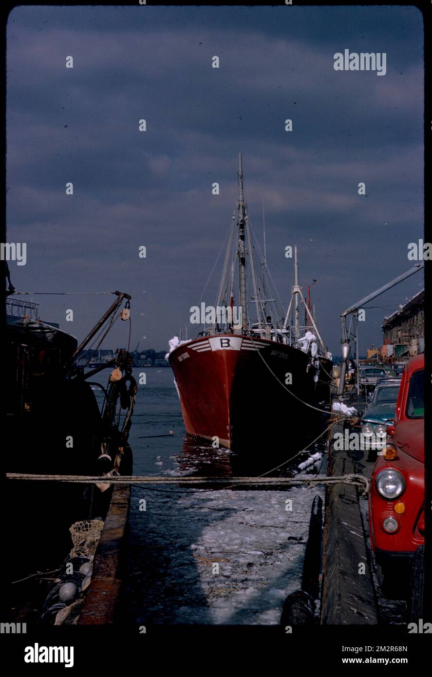 End view at pier of red boat labeled 'Bay State,' Boston , Ships, Piers ...