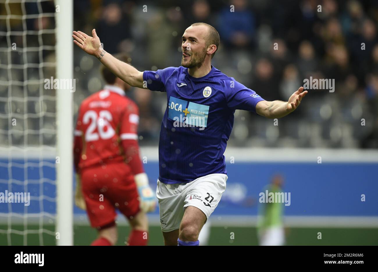 Beerschot's Erwin Hoffer celebrates after scoring the 0-1 goal during a ...