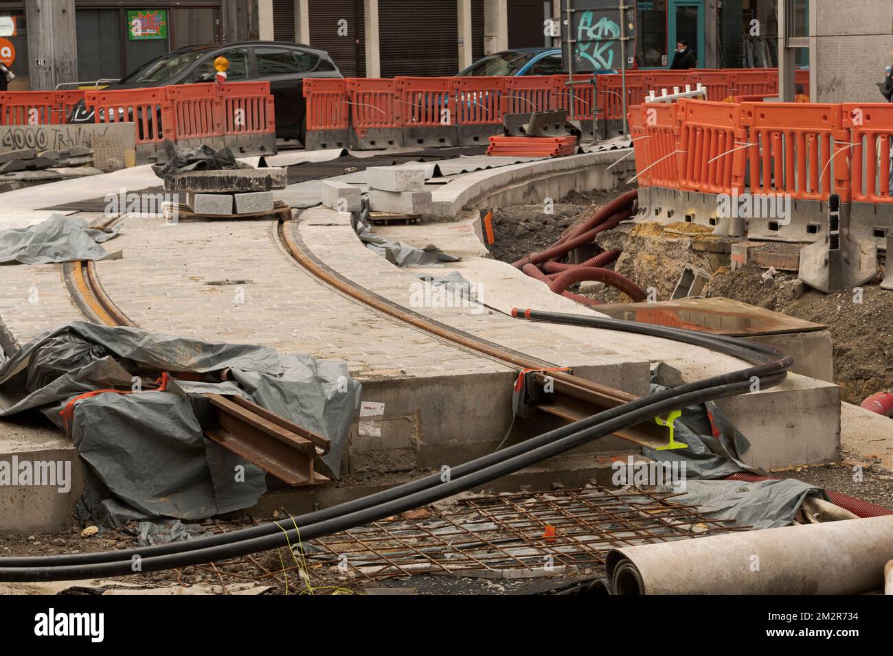 Liege. Wallonia - Belgium 31-10-2021. Laying tram rails in the city ...