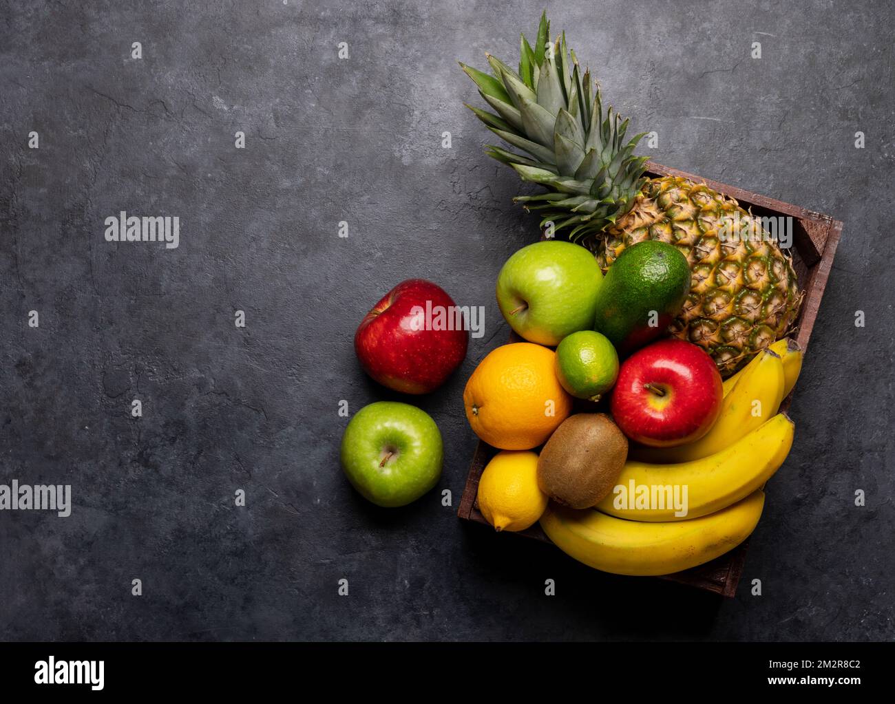 Wooden box full of healthy fruits food. Flat lay with copy space Stock ...