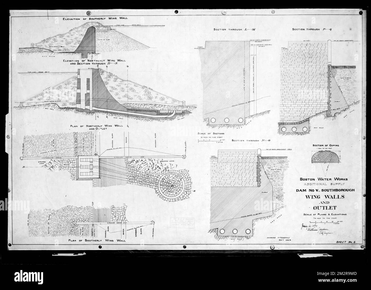 Engineering Plans, Dam No. 5 [Sudbury Dam], wing walls and outlet, Sheet No. 5, Southborough ...