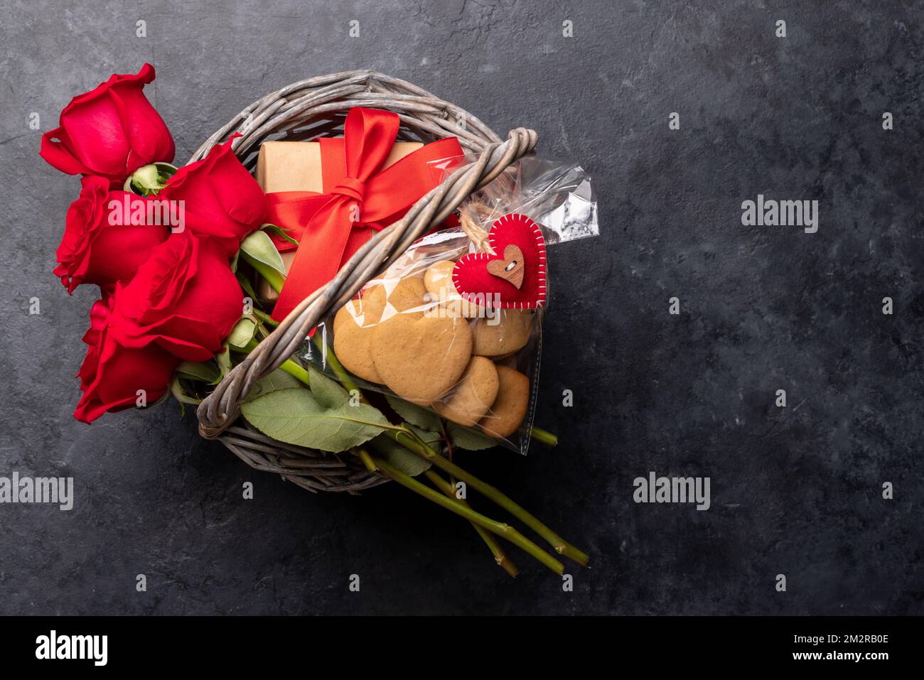 Valentines day card with heart shaped cookies, rose flowers and gift ...